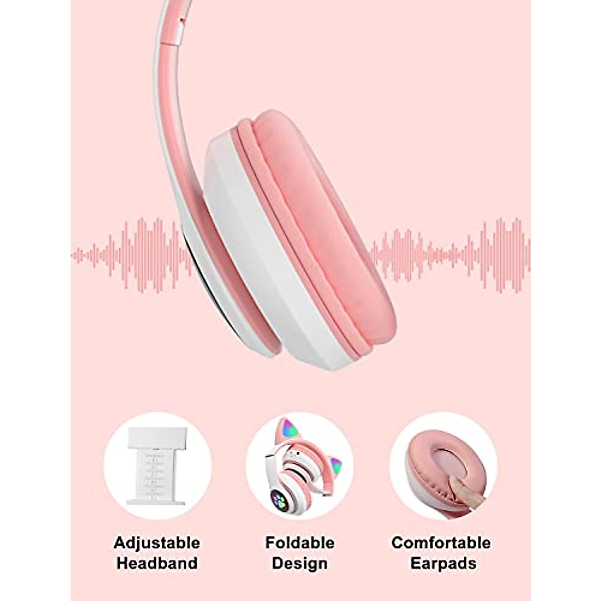 TOKANI Kids Headphones, Bluetooth Wireless Headphones for Kids Teens Adults, Over-Ear Bluetooth Headphones with Microphone, Cat Ear Headphones for Girls Women (Pink)