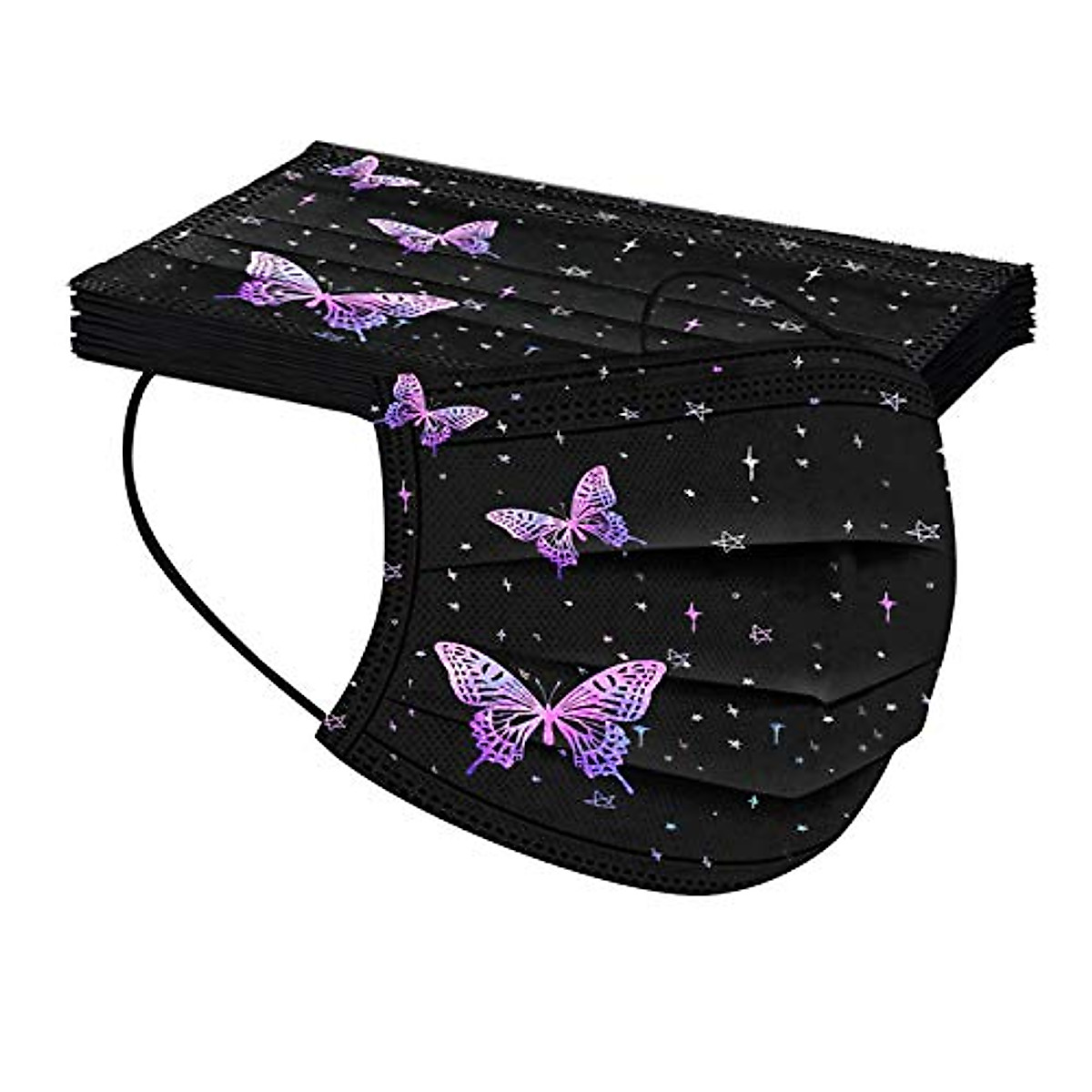50Pcs Black Disposable Face_mask with Designs for Women Men Adults Cute Colorful Butterfly Printed Paper Face_mask