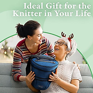 BeCraftee XL Crochet Bag - Large Craft Organizer to Store Crocheting & Knitting Supplies - Portable Yarn Storage with 7 Pockets for Tools, Shoulder Strap and Handle - Blue | Easy to Carry, Tangle Free