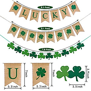 3 Pieces St. Patrick's Day Banner Shamrock Garland Lucky Banner Burlap Irish Garland Green Four Leaf Banner and Felt Shamrock Clover Banner Flags for Saint Patrick's Day Party Decor