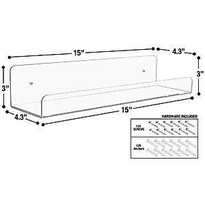 Sorbus Acrylic Wall Ledge Floating Shelf Rack Organizer, Invisible Display Style, for Books, Figurine, Picture Frame Storage, Wall Mounted Shelves for Home, Bathroom, Nail Salon, Spa (15 x 4.3 x 3'')
