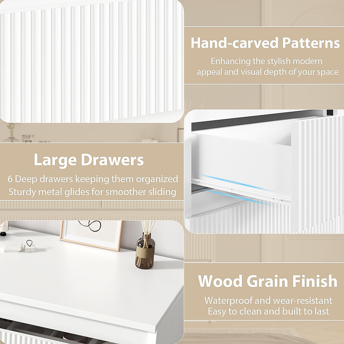 Jocoevol White Dresser 6 Drawer Dresser for Bedroom, Modern Fluted Dresser with Deep Drawers, Large Double Wooden Dresser Chest of Drawers for Living Room, Hallway, Entryway (White)