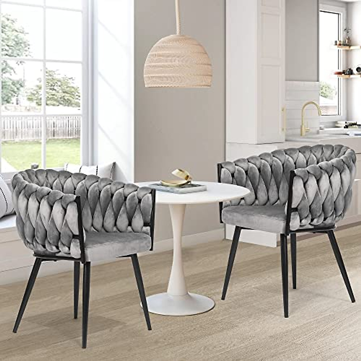 Adeco Velvet Dining Set of 2, Modern Accent Arm Living Room Black Metal Legs, Upholstered Leisure Chair with Hand Woven Backrest for Kitchen Side Table, Grey