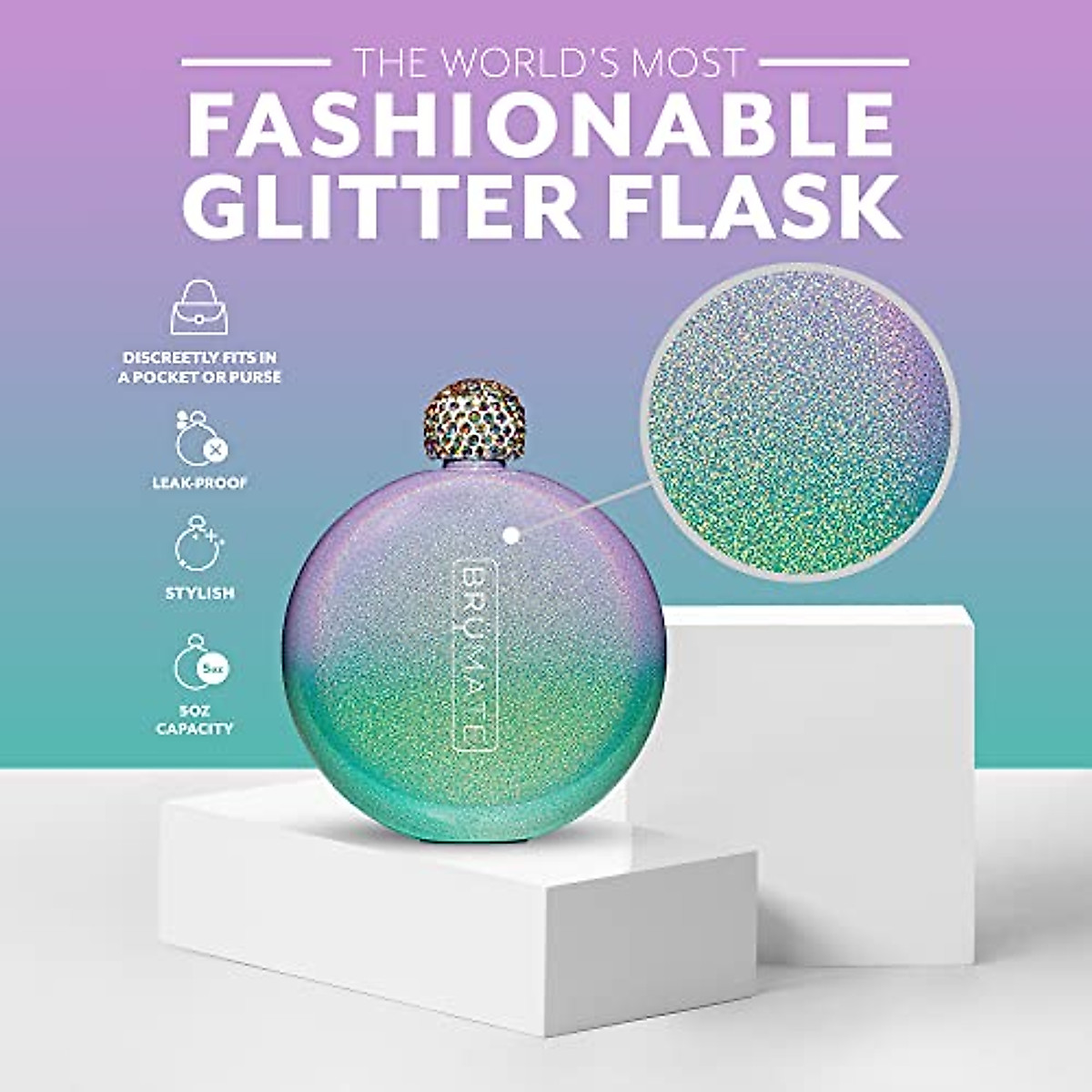 BruMate Glitter Women's Flask - 5oz Stainless Steel Flask for Liquor & Spirits - Pocket & Purse - Cute, Girly - Ideal Gift for Women (Glitter Mermaid)