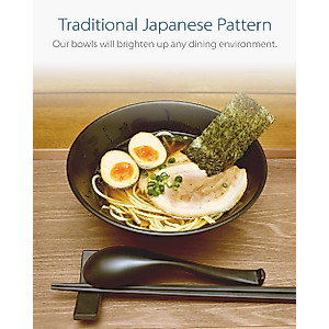 APEX S.K. 4 Sets 30 Ounce Japanese Ramen Noodle Soup Bowl Melamine Hard Plastic Dishware Ramen Bowl Set with Matching Spoon and Chopsticks for Udon Soba Pho Asian Noodles