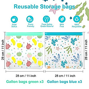 Reusable Gallon bags 6 PACK Extra Large Reusable Freezer Bags BPA Free Leakproof Plastic Bags Reusable Food Storage Bags Silicone Kids Snack Bags Reusable Ziplock Bags for Meal Prep, Travel Items