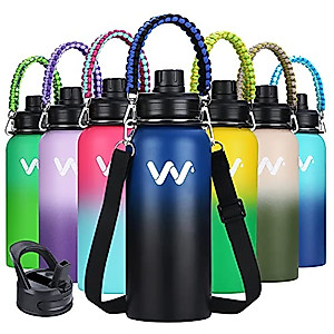WEREWOLVES 24 oz Insulated Water Bottle With Paracord Handles & Strap & Straw Lid & Spout Lid,Reusable Wide Mouth Vacuum Stainless Steel Water Bottle for Adults (New-Blue Black, 24 oz)