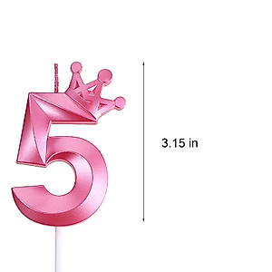 3.15 inch Pink 5 Birthday Candles,3D Crown Number 5 Cake Topper for Birthday Decorations