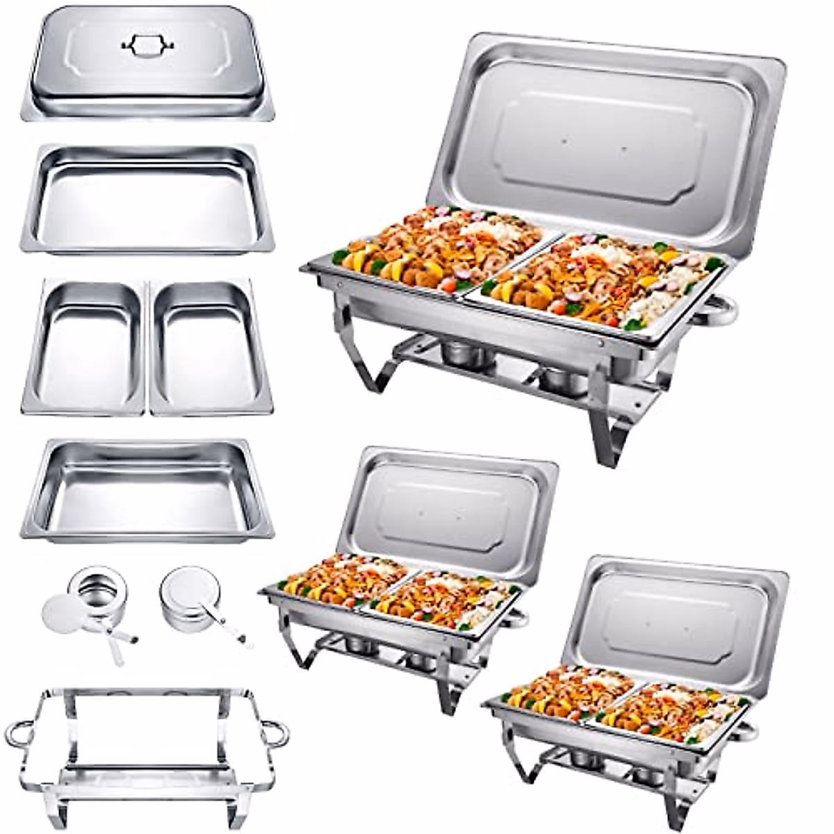 3 Packs Chafing Dishes Buffet Set, 8 Quart Buffet Servers and Warmers, Chaffing Servers Stainless Steel with 2 Half Size Food Pans, Rectangular Food Warmers for Parties Buffets