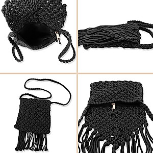 QTKJ Women's Crochet Square Crossbody Bag Hand-Woven Boho Tassels Summer Beach Cotton Messenger Shoulder Bag with Zipper (Black)