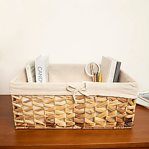 Natural Hyacinth Wicker Storage Baskets, Set Of 3 Hand Woven Water Hyacinth Baskets for Living Room, Organizing Decorative, Woven Basket Organizer Bins with Detachable Lining, Large Medium Small