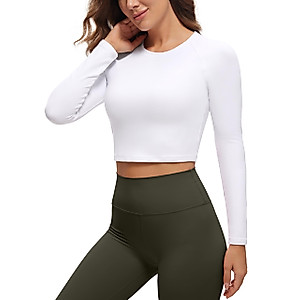 CRZ YOGA Womens Long Sleeve Crop Workout Tops Athletic Yoga Running Cropped Tops Slim Fit Gym Shirts White Small