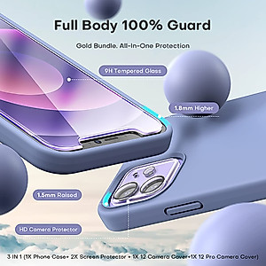 TOCOL [5 in 1 for iPhone 12 Case, for iPhone 12 Pro Case, with 2 Pack Screen Protector + 2 Pack Camera Lens Protector, Silicone Shockproof Phone Case [Anti-Scratch] [Drop Protection], Lavender Gray