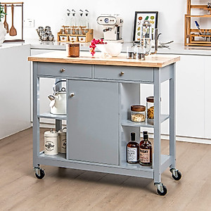 Giantex Mobile Kitchen Island Cart, Rolling Kitchen Island w/Rubber Wood Top, 4 Open Shelves, 2 Deep Drawers, 1 Enclosed Cabinet, Serving Utility Trolley on Wheels for Kitchen, Dining Room (Gray)