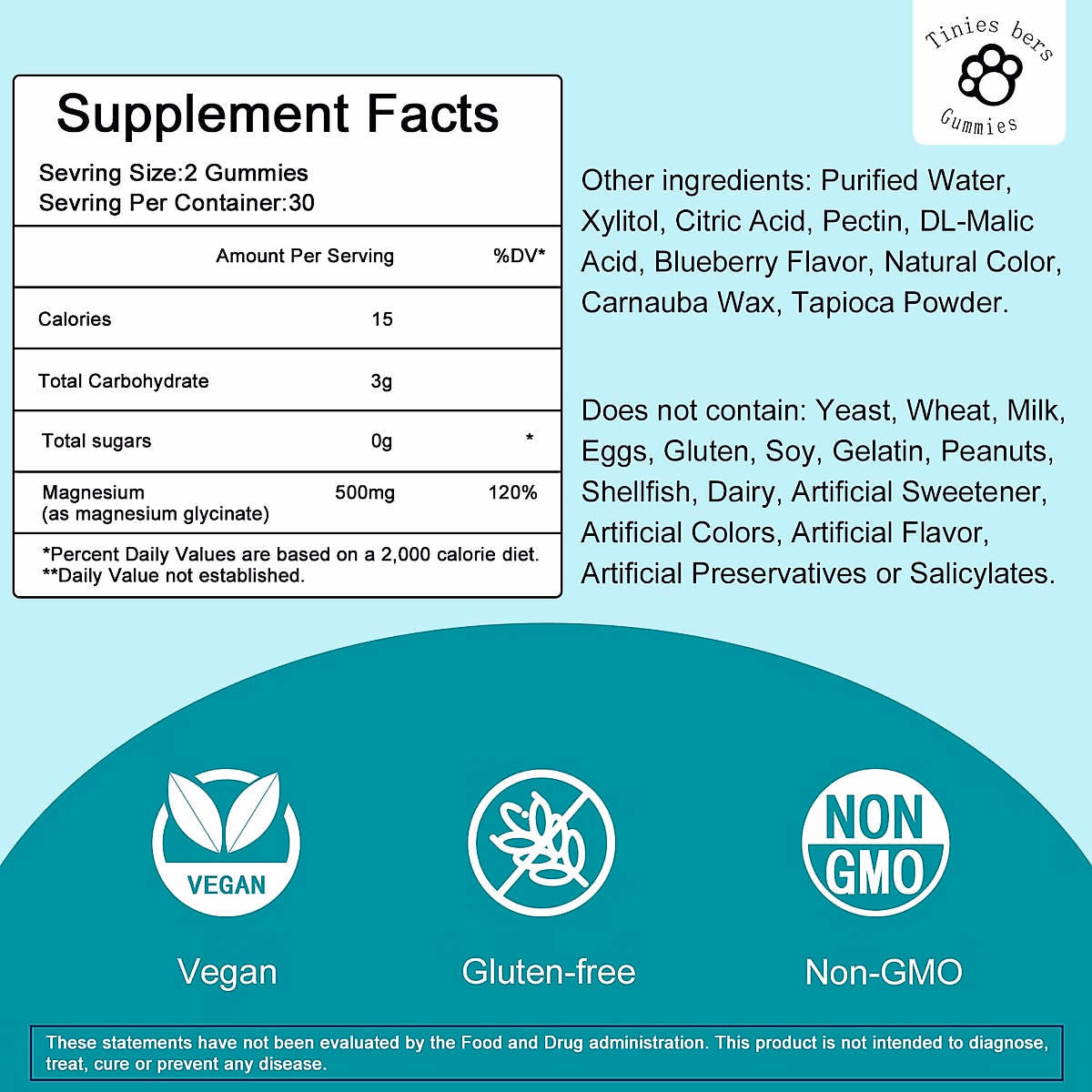 Magnesium Glycinate Gummies 500mg, Sugar Free for Adults & Kids, Best Magnesium Gummies for Sleep, Stress & Muscle Relief & Nerve Health, No Melatonin, Gluten Free, Non GMO, Vegan, Pectin, 60