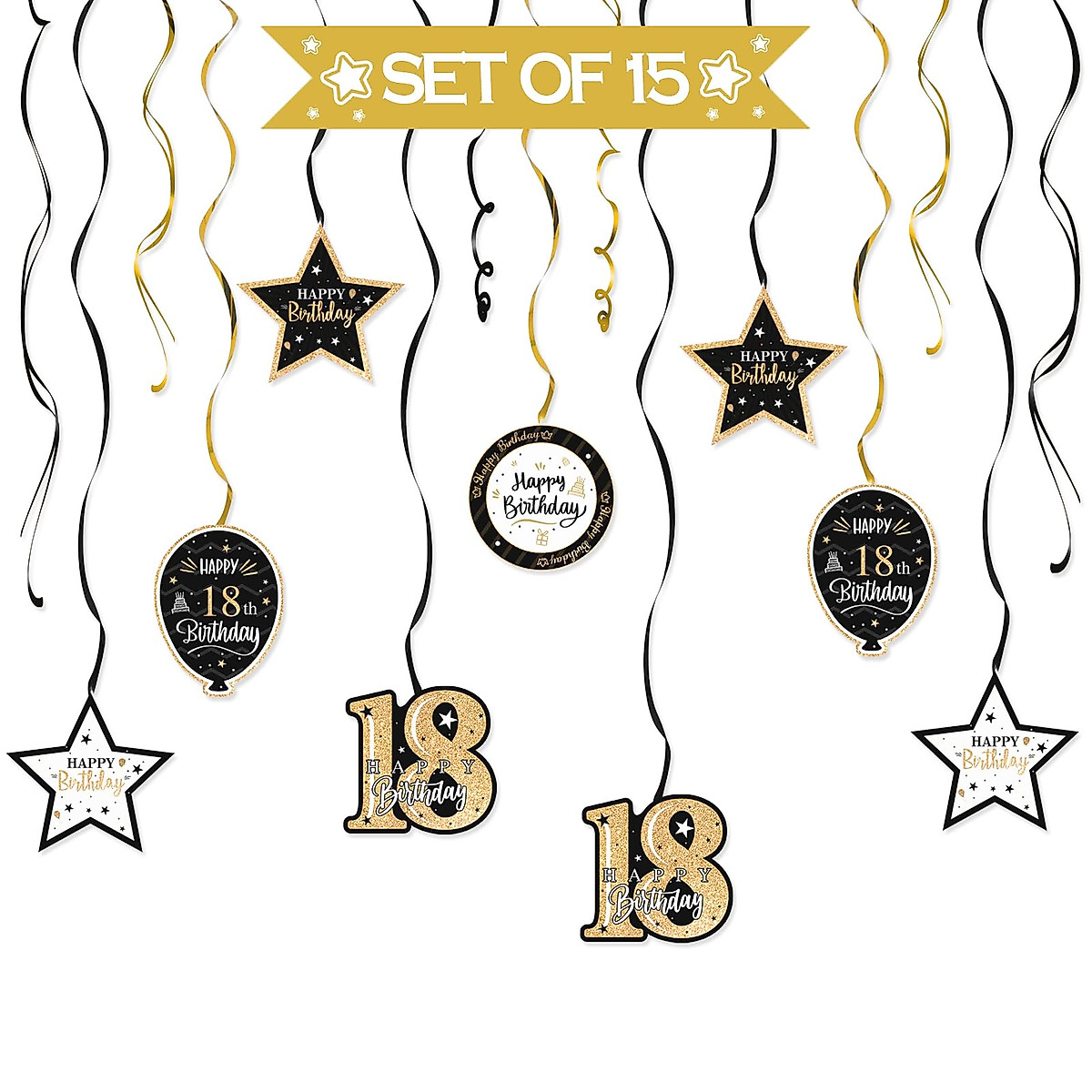Nelbiirth Happy 18th Birthday Black & Gold Glitter Swirls Streamers Party Decorations - 15 Pcs 18th Birthday Hanging Swirls Streamers Kit,Cheers to Eighteen Years Old Bday Party Sign.