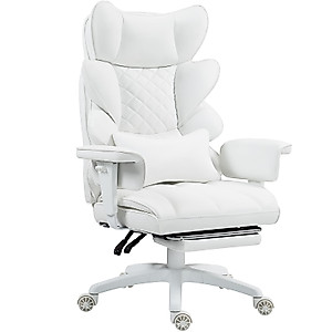 Dowinx Big and Tall Office Chair with Pocket Spring Cushion and Lumbar Support,High Back Computer Gaming Chair with Adjustable Armrests,Executive Desk Chair with Footrest,(PU Leather, White)