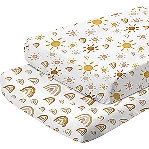 Changing Pad Cover - Babebay Ultra Soft Jersey Knit Cotton Diaper Change Table Pad Covers for Baby Girls and Boys -Stylish Rainbow & Sun Pattern, 2 Pack