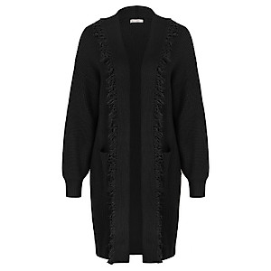 Women's Open Front Knit Cardigans Lapel Long Lantern Sleeve Chunky Knit Sweater Coat Cozy Slouchy Cardigan with Pockets(Black,XL)