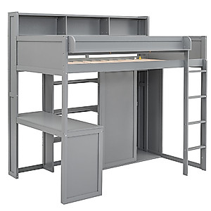 Twin Loft Bed with Storage Shelves and Under-Bed Desk, Wooden Bed Frames with Wardrobe and 3 Cabinets, Gray