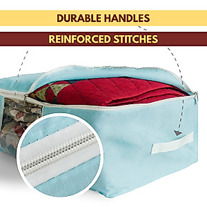 Madam Sew Quilt Blanket Storage Bag| Storage Bag|Comforter Storage Bag for Clothes, Quilts, Bedding|Linen Storage Bag with See-Through Front Panel, Strong Handles & 2-Way Zipper - Turquoise 22"x15"x8"
