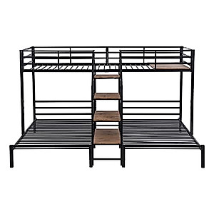 DEYOBED Twin Size L-Shaped Triple Bunk Bed with Storage Stairs, Twin Over Twin & Twin Metal Bed Frame for 3 Kids Teens Girls Boys, Black
