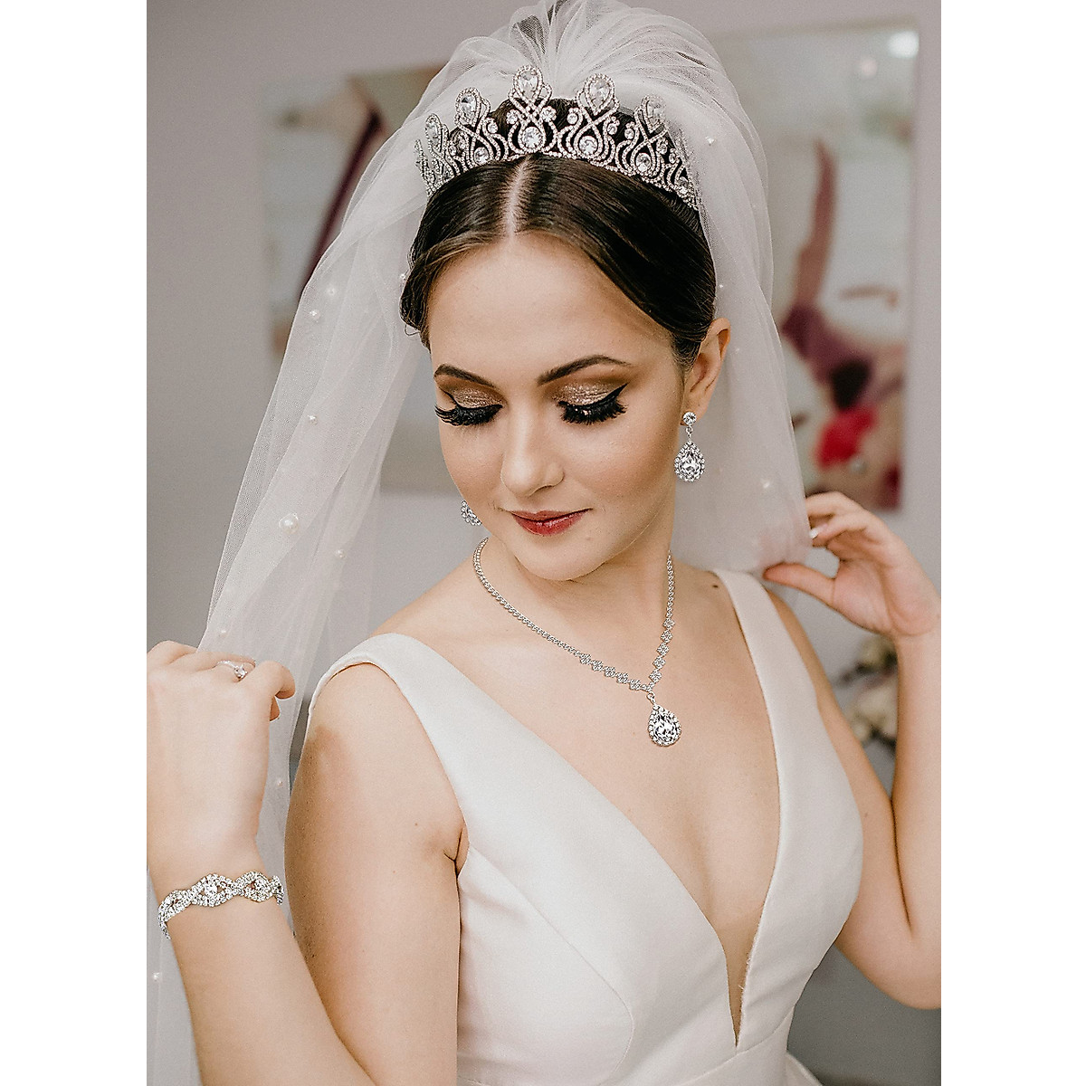 Jstyle Bridal Wedding Jewelry Set Silver Rhinestone Necklace Bracelet Dangle Earrings for Bride Bridesmaid Teardrop Pendants Crystal Prom Costume Jewelry Accessories for Women (3 piece set) A