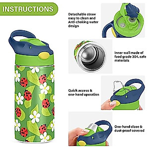 ALAZA Ladybug White Floral Kids Water Bottles with Lids Straw Insulated Stainless Steel Water Bottles Double Walled Leakproof Tumbler Travel Cup for Girls Boys Toddlers 12 oz,Green