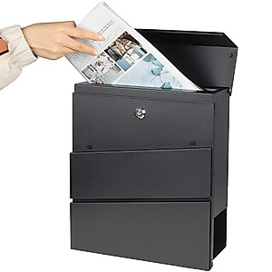 Decaller Metal Wall Mounted Mailboxes with Key Lock, Large Mail Box with Newspaper Compartment, Black, 13" x 14 2/5" x 4 1/5"