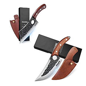 Huusk Knives Set Hand Forged Japanese Kitchen Knife with Sheath Outdoor Cooking Camping Knife Set for BBQ