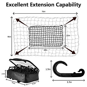 Funmit 22"x38" Cargo Net Stretches to 44"x76", Latex Bungee Cargo Net with 2"X2" Small Mesh and 12 Adjustable Plastic Hooks, for Car ATV Boat SUV Van Trailer Snowmobile (Black)