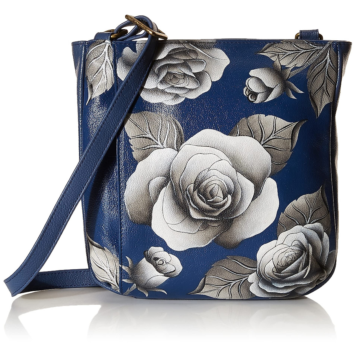 Anna by Anuschka Women's Anuschka Women s Genuine Leather Medium Crossbody Handbag Hand Painted Exterior Romantic Rose Bl, Romantic Rose Blue, One Size US
