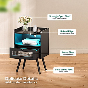 Huuger Night Stand Set of 2, Nightstand with Charging Station and LED Light Strips, Bedside Table with Glass Decorative Drawer, End Table Side Table with Solid Wood Feet, for Bedroom, Black