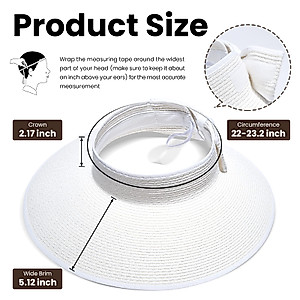 Simplicity Women's Wide Brim Straw Sun Visor Hat Roll Up Straw White Sun Hat for Women