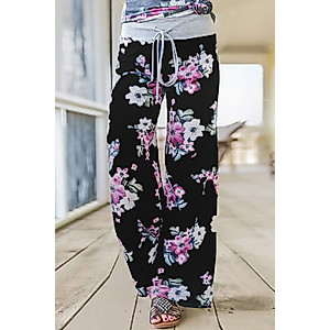 AMiERY Women's Casual Pajama Pants Lounge High Waisted Wide Leg Comfy Drawstring Floral Print Palazzo Pj Bottoms Pants Black XL