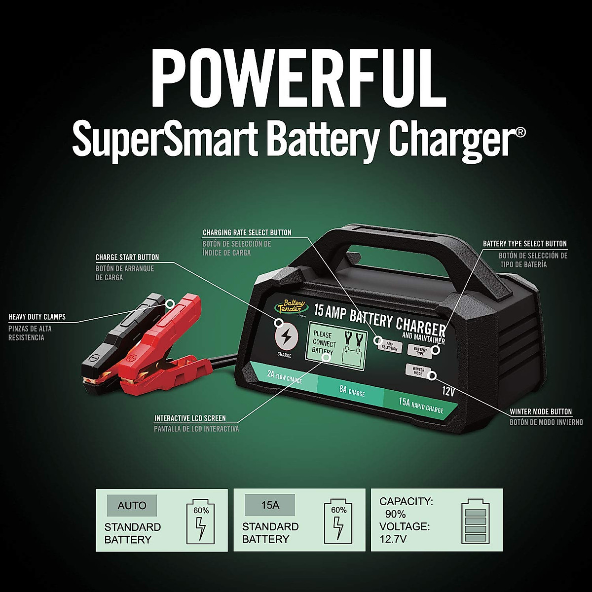 Battery Tender 15 AMP Battery Charger and Maintainer - 12V Switchable 15 AMP / 8 AMP / 2 AMP - Selectable Chemistry Standard AGM Gel - LCD Display - 022-0234-DL-WH