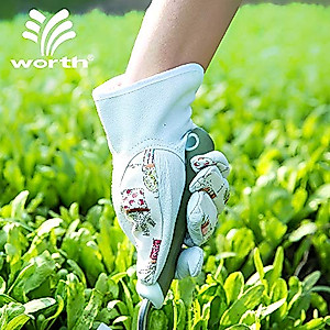 Worth Garden Gardening Gloves for Women - Cute Leather & Canvas Work Gloves Breathable Lightweight Fingertips Protection Adorable Potted Pattern - Gift for Gardeners