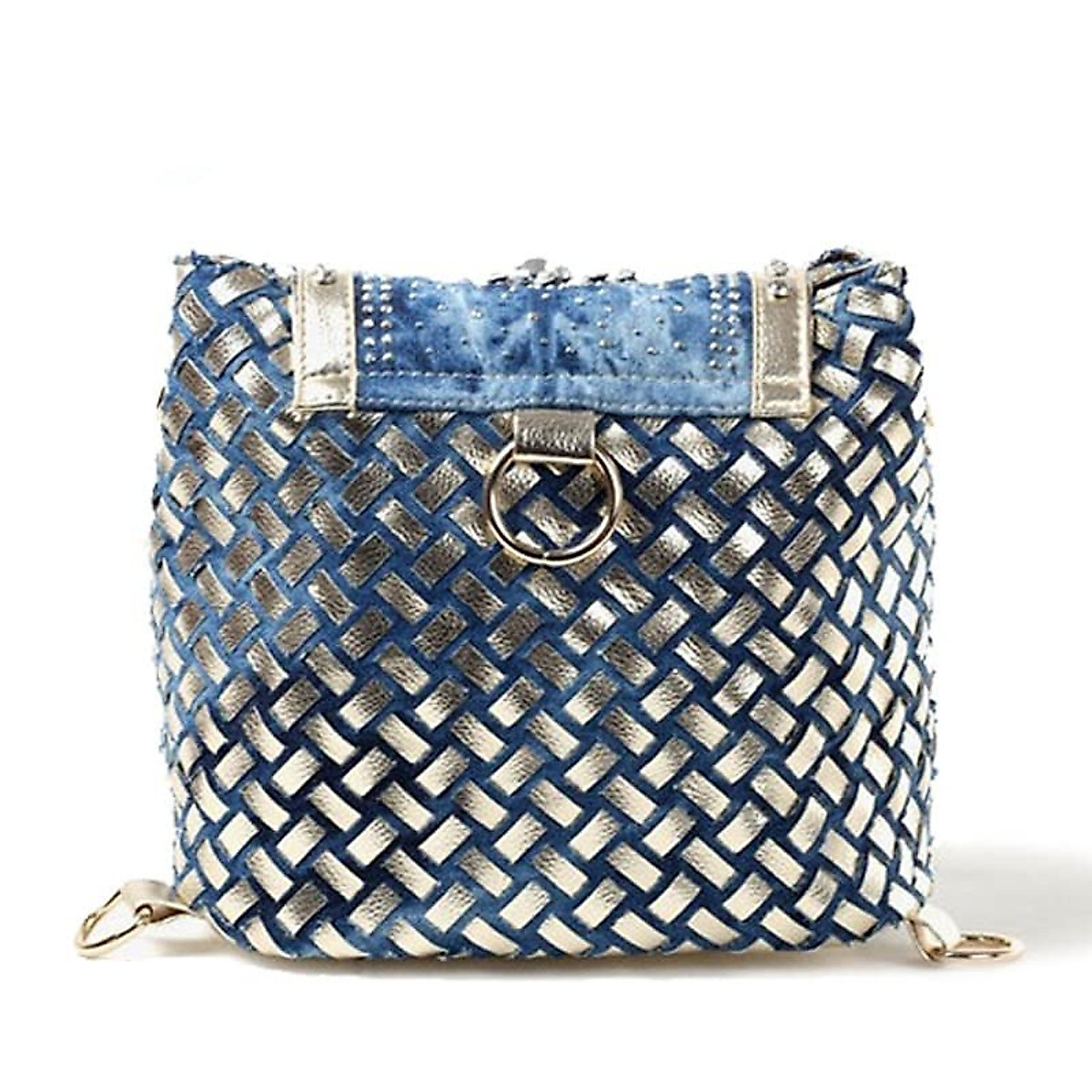 Alice Fan Denim Bag Jeans Tote Bag Fashion Women Handbag Multifunctional Backpack Shoulder Bag with Diamond and Tassel (Gold)