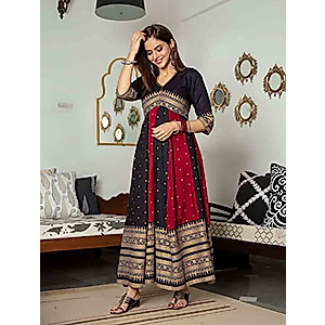 FIDOZA Women's Rayon Printed Anarkali Embroidery Kurti | Pakistani Style Rayon Printed Kurti For Women | Ready to wear (Black, XL)