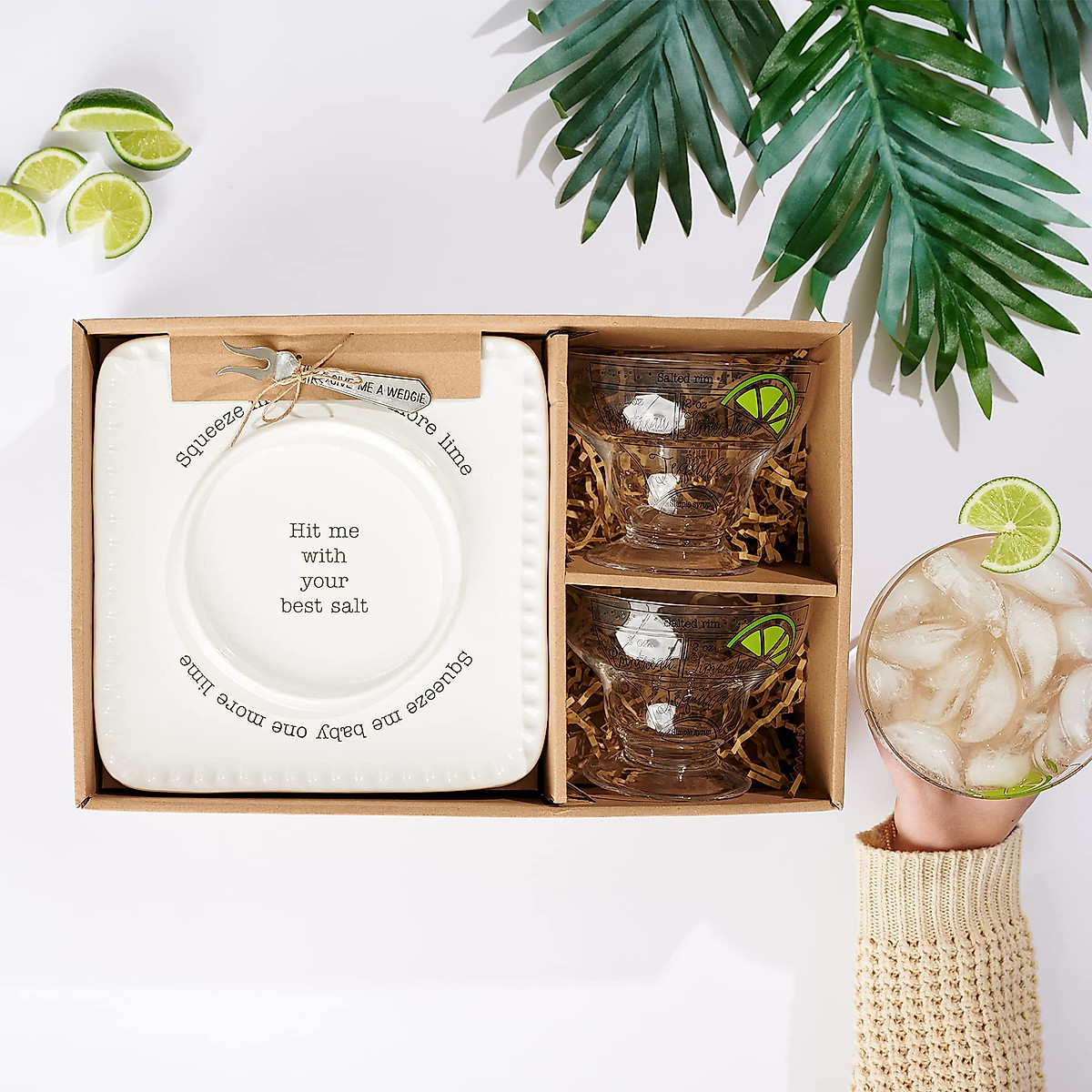 Mud Pie Margarita Gift Box | Includes 2 Margarita Glasses and Lime and Salt Rimmer