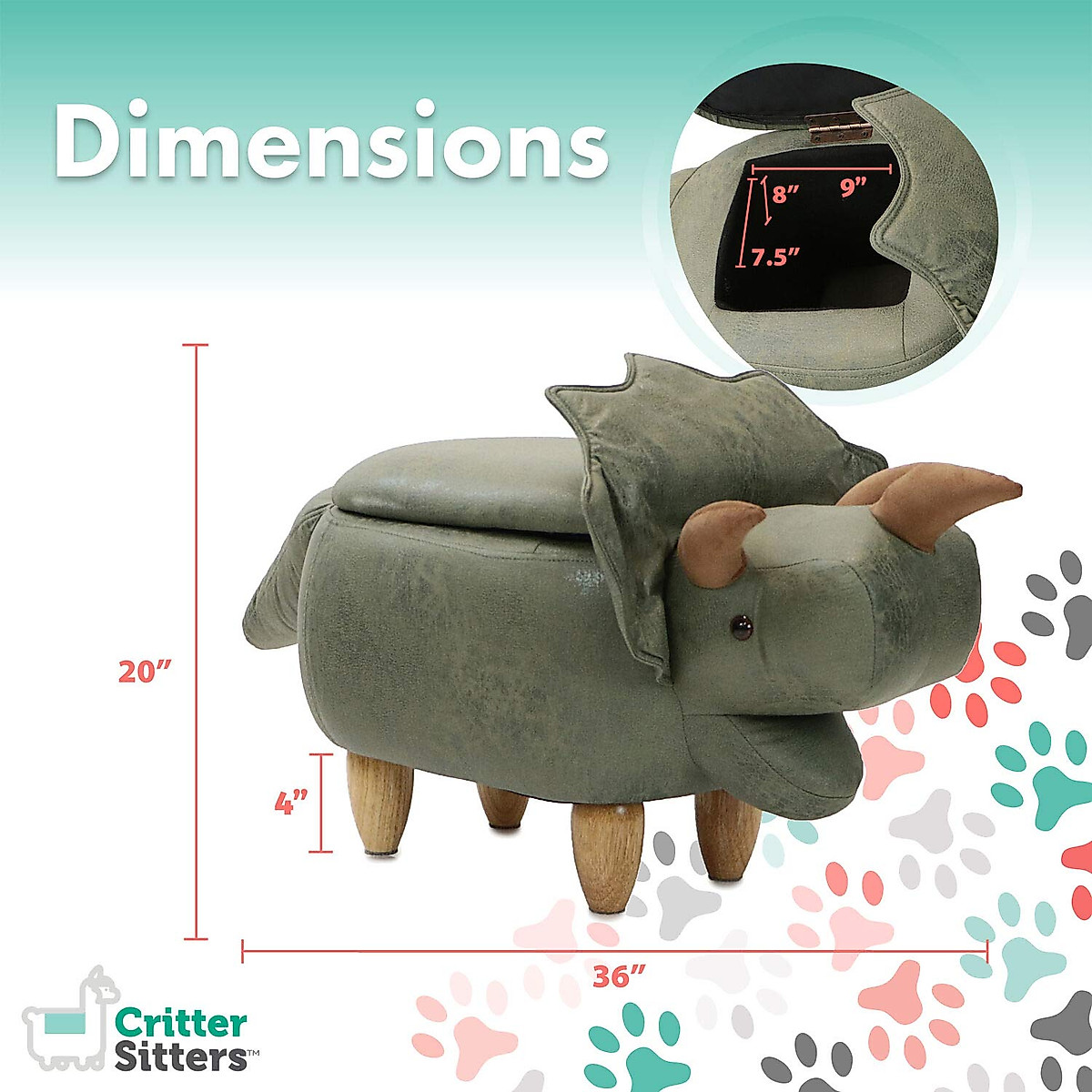 CRITTER SITTERS 15-in. Seat Height Green Triceratops Dinosaur Animal Shape Storage Ottoman, Kids Furniture for Nursery, Bedroom, Playroom, and Living Room Decor, Multifunctional Cushioned Step Stool