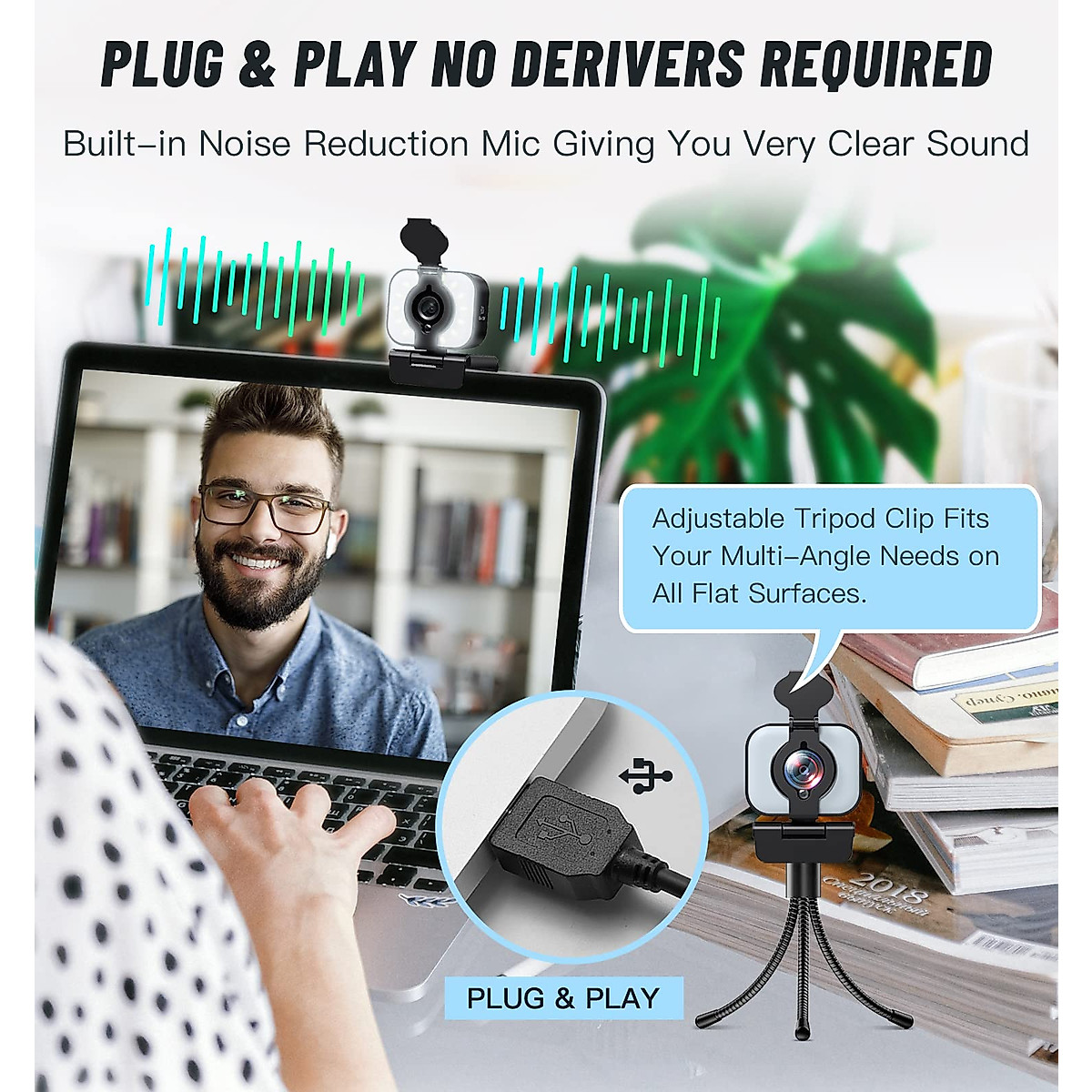 Webcam FHD 1080P Streaming Webcam with Ring Light, Microphone, Privacy Cover and Auto-Focus, Plug and Play, USB Web Camera for Zoom Skype YouTube, PC Laptop Computer