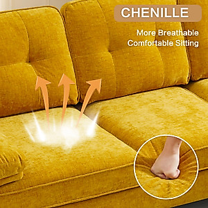 EASELAND 83" L Shaped Convertible Couch, Chenille Couch Sectionals for Living Room, 3-Seat Comfy Lounge Sofa for Bedroom with Chaise, Sleeper Sofa Bed with Fluffy Armrests, Washable Cushion(Yellow)