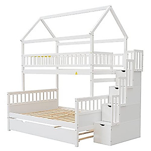 POCIYIHOME Twin Over Full Bunk Bed with Two Drawers and Staircase, Down Bed can be Converted into Daybed, Can Split The Single Bunk into Two Beds, for Kids,Teens Bedroom, No Box Spring Need, White