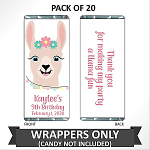 Llama Personalized Candy Wrappers, Kids Birthday Party Favors, Pack of 20 Custom Chocolate Bar Labels