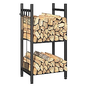 NANANARDOSO Firewood Rack Holder, Fire Wood Log Storage Stand with Kindling Holder for Indoor Fireplace, Outdoor Patio Fire Pit Stove, Fireplace Tools, Fire Wood Racks with 4 Hanging Hooks