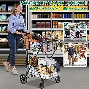 Spurgehom 2-Tier Shopping Cart with Wheels Folding Grocery Cart with Removable Double Baskets 360° Rolling Laundry Cart Compact Pet Stroller Utility Cart for Groceries with Oxford Cloth Liner, Black