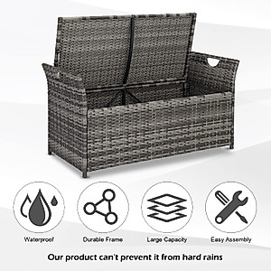 VINGLI 40 Gallon Wicker Storage Bench, Patio Cushion Storage Box with Side Handles, Rattan Deck Box for Garden Tools, Cushions, Outdoor Patio Deck Box for Garden, Poolside, Grey