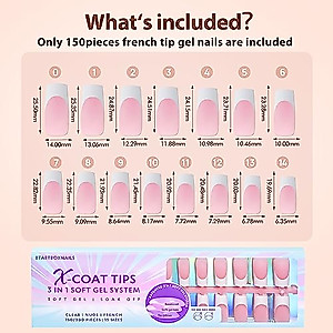 BTArtboxnails French Gel Nail Tips -150Pcs French Tip Press on Nails Pink Long Square 3 in 1 X-coat Tips Pre-applied Tip Primer & Base Coat, No Need to File Fake Nails for Nail Art DIY 15 Sizes