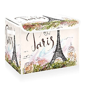 CaTaKu Paris Eiffel Tower Storage Bins with Lids and Handles, Fabric Large Storage Container Cube Basket with Lid Decorative Storage Boxes for Organizing Clothes